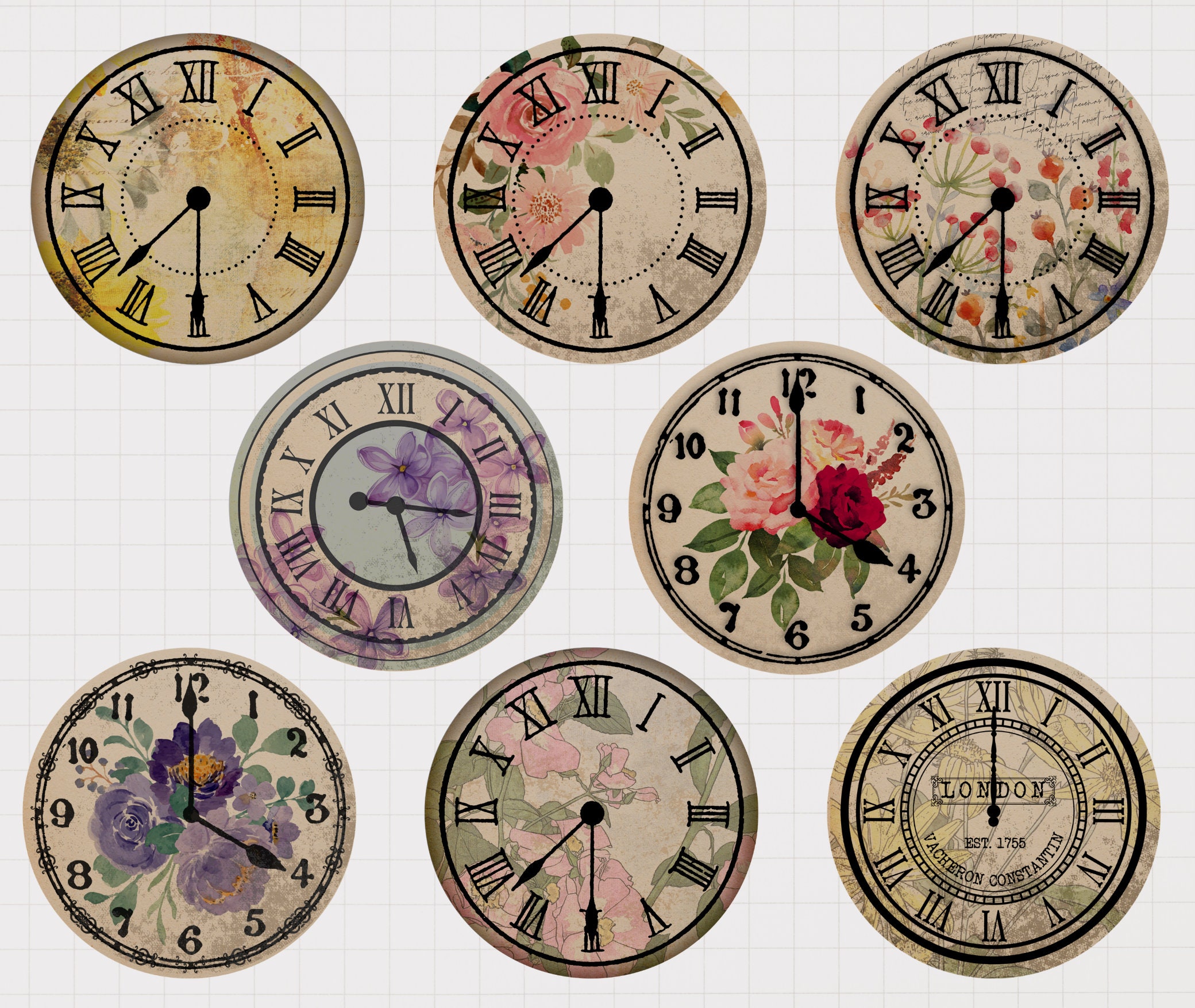 Vintage Face Clock Ephemera Clipart Bundle, Floral Clock Face, Crafting ...