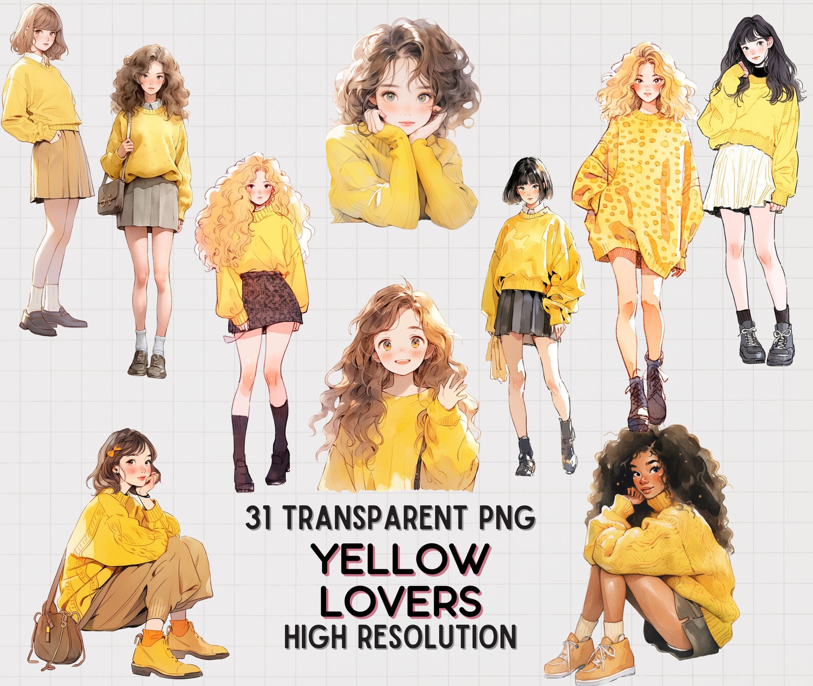 JDES 30 Fashion Girls in Yellow Color Theme, Girl Power Clip Art ...