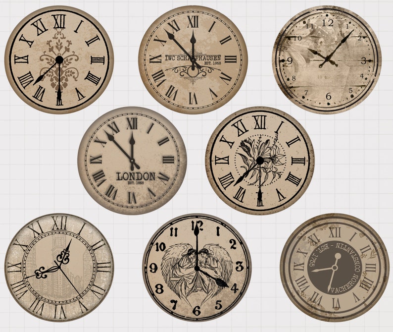 Vintage Face Clock Ephemera Clipart Bundle, Floral Clock Face, Crafting ...