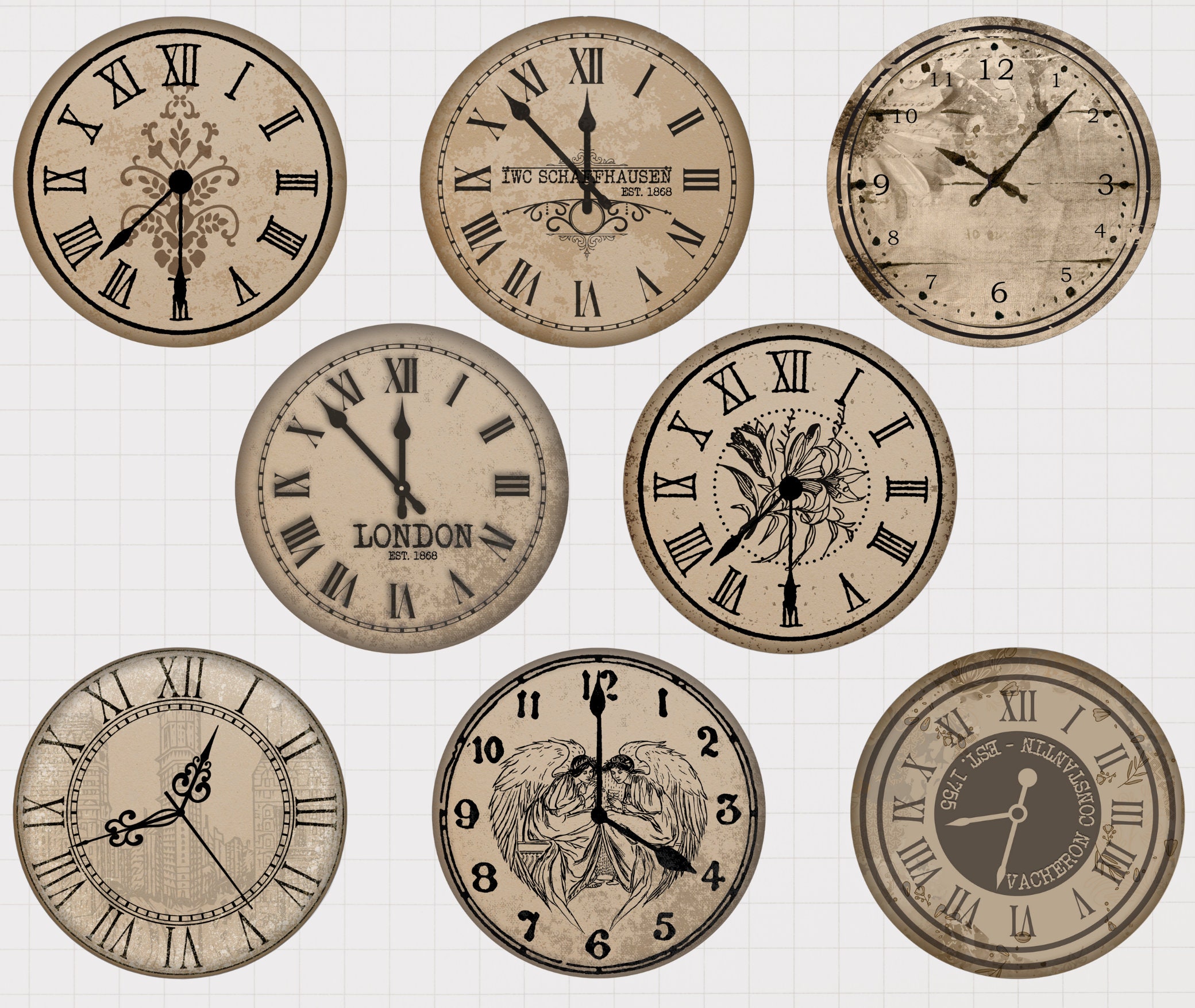 Vintage Face Clock Ephemera Clipart Bundle, Floral Clock Face, Crafting ...