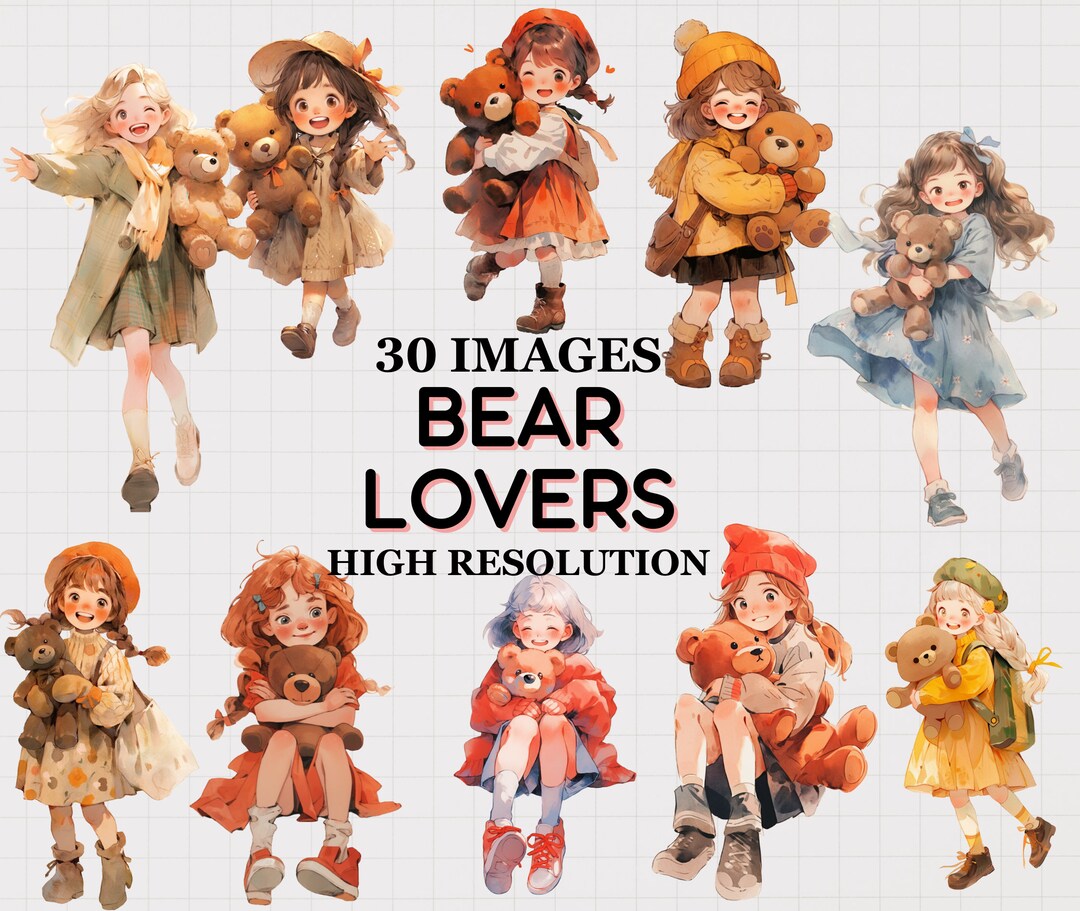 Girl and Teddy Bear Clipart: Watercolor Earth Tones (digital Download ...