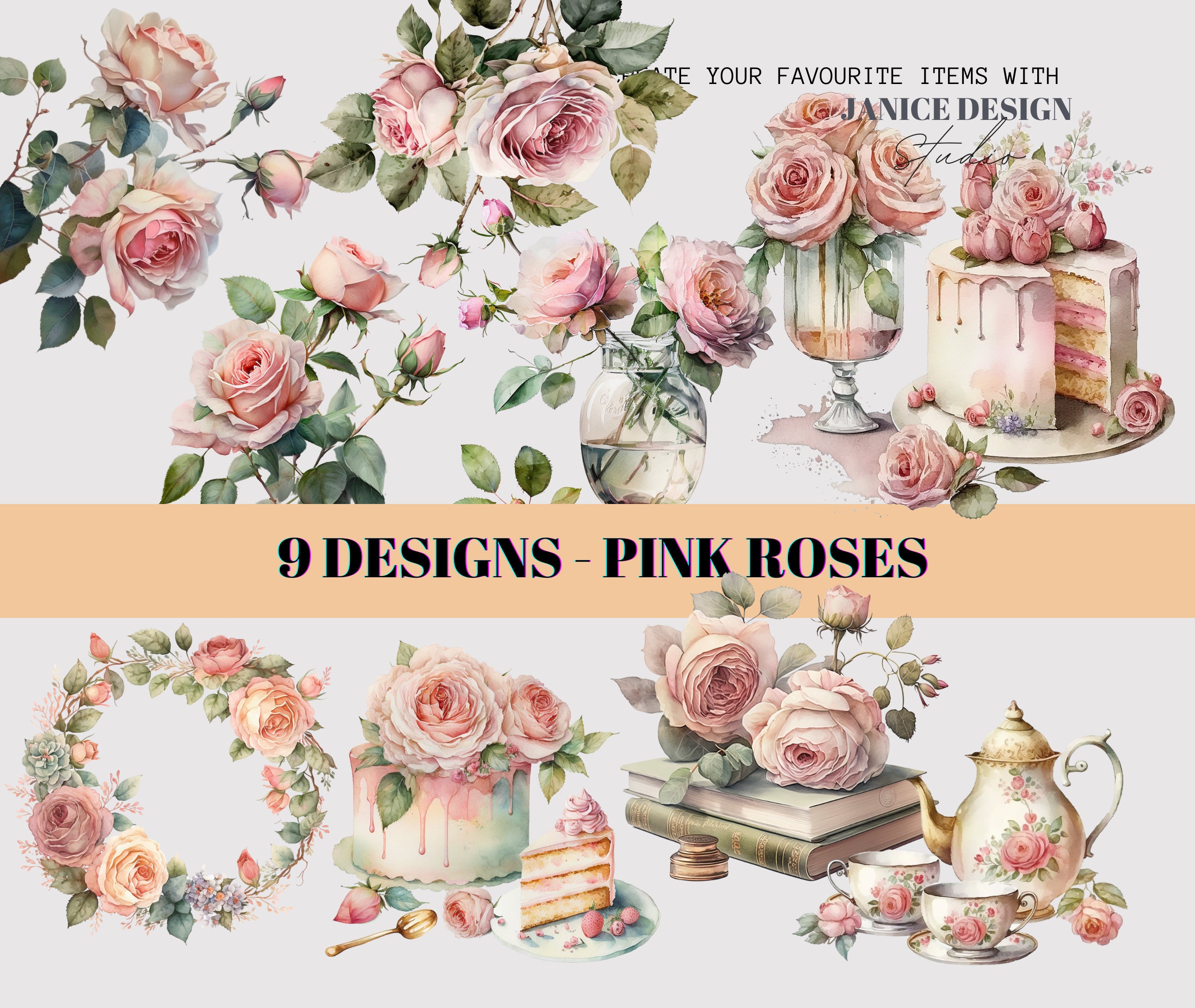 Watercolor Pink Roses Clipart, Roses Print, Flowers Clipart, Watercolor ...