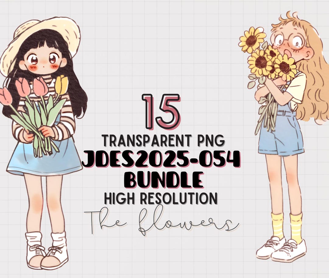 Flower Girl Clipart: Cartoon Girl With Tulips & Sunflowers (PNG Digital ...