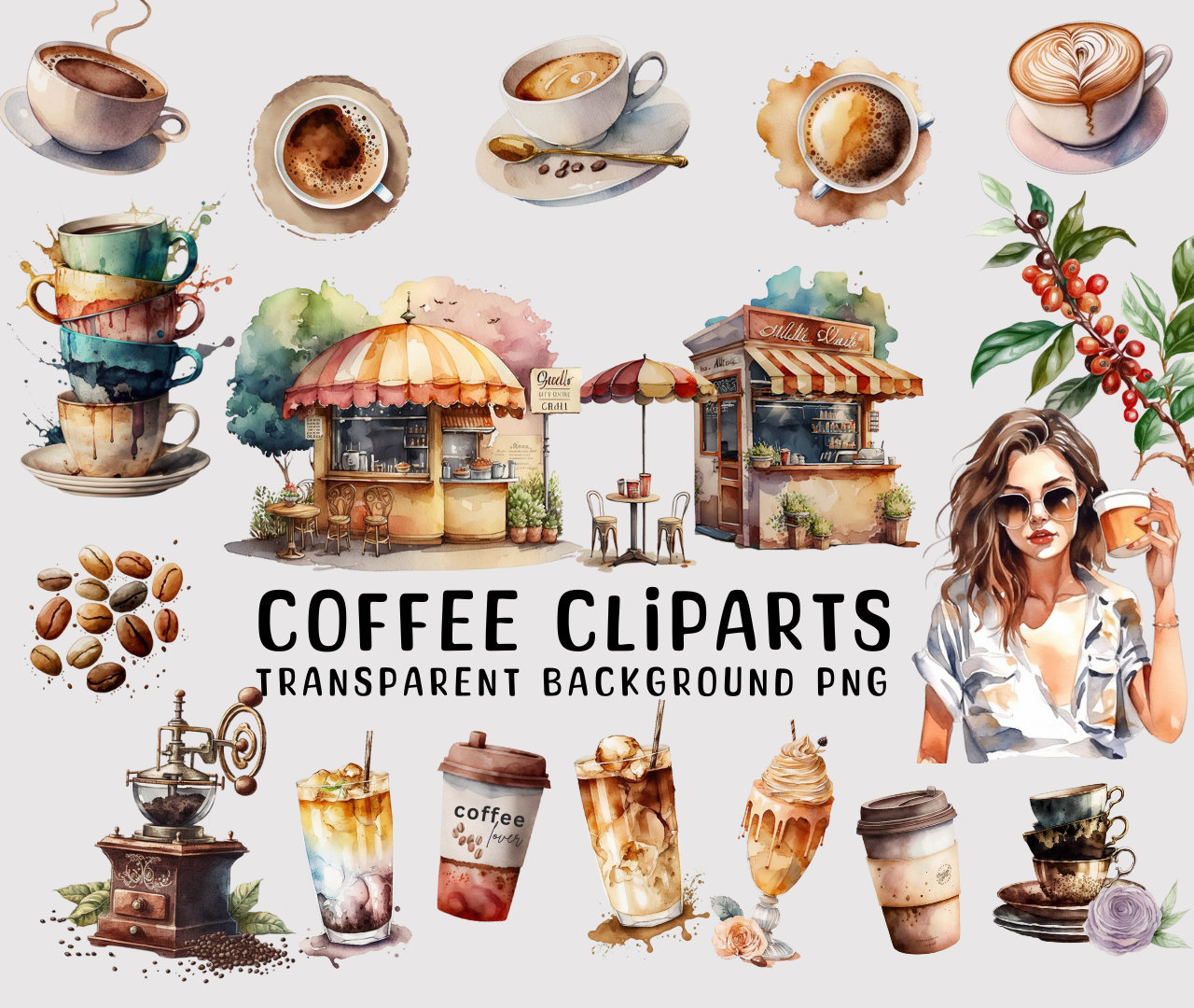 Watercolor Coffee Clipart Coffee Beans Cup of Cappuccino - Etsy