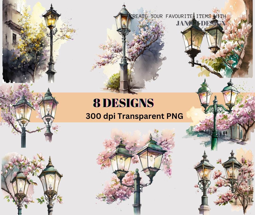 Sketched and Watercolor Street Lamps, Street Light Clipart, Old Vintage ...