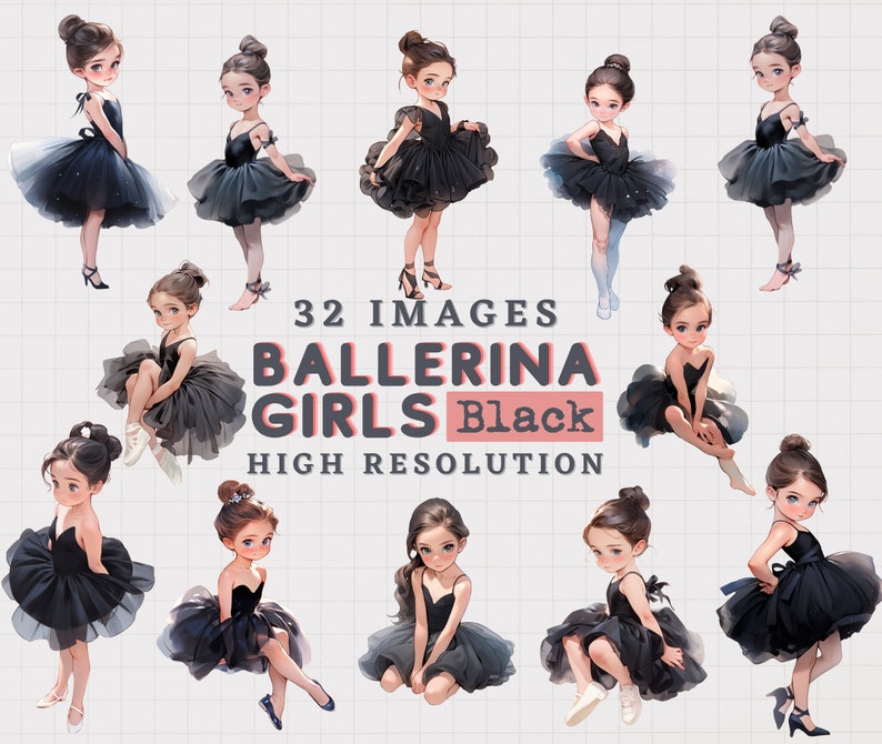 Watercolor Ballerina Girl Clipart: Black Tutu Dancer PNG Bundle ...