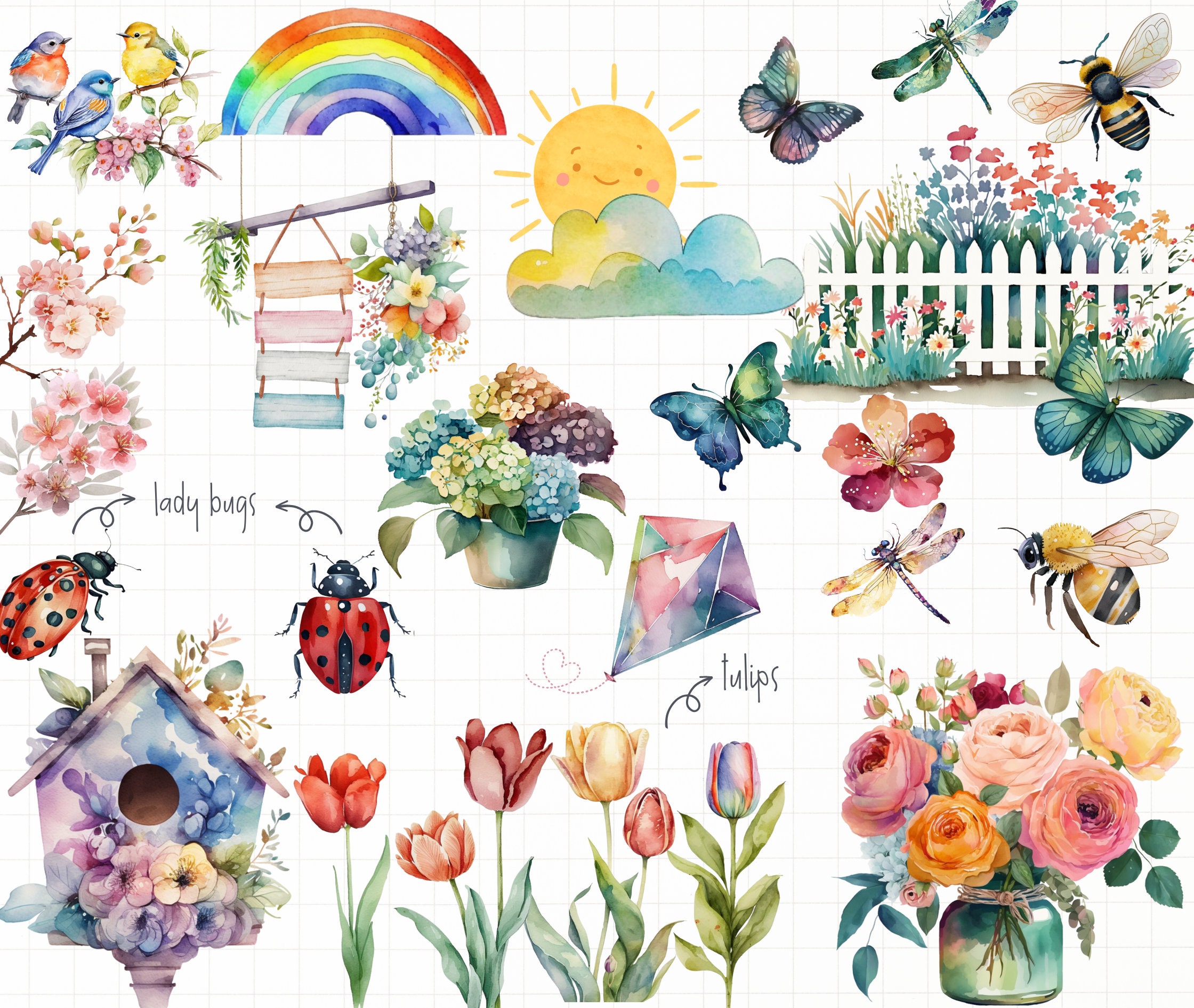 Watercolor Spring Clipart Set, Roses Clip Art, Tulip and Floral Fence ...