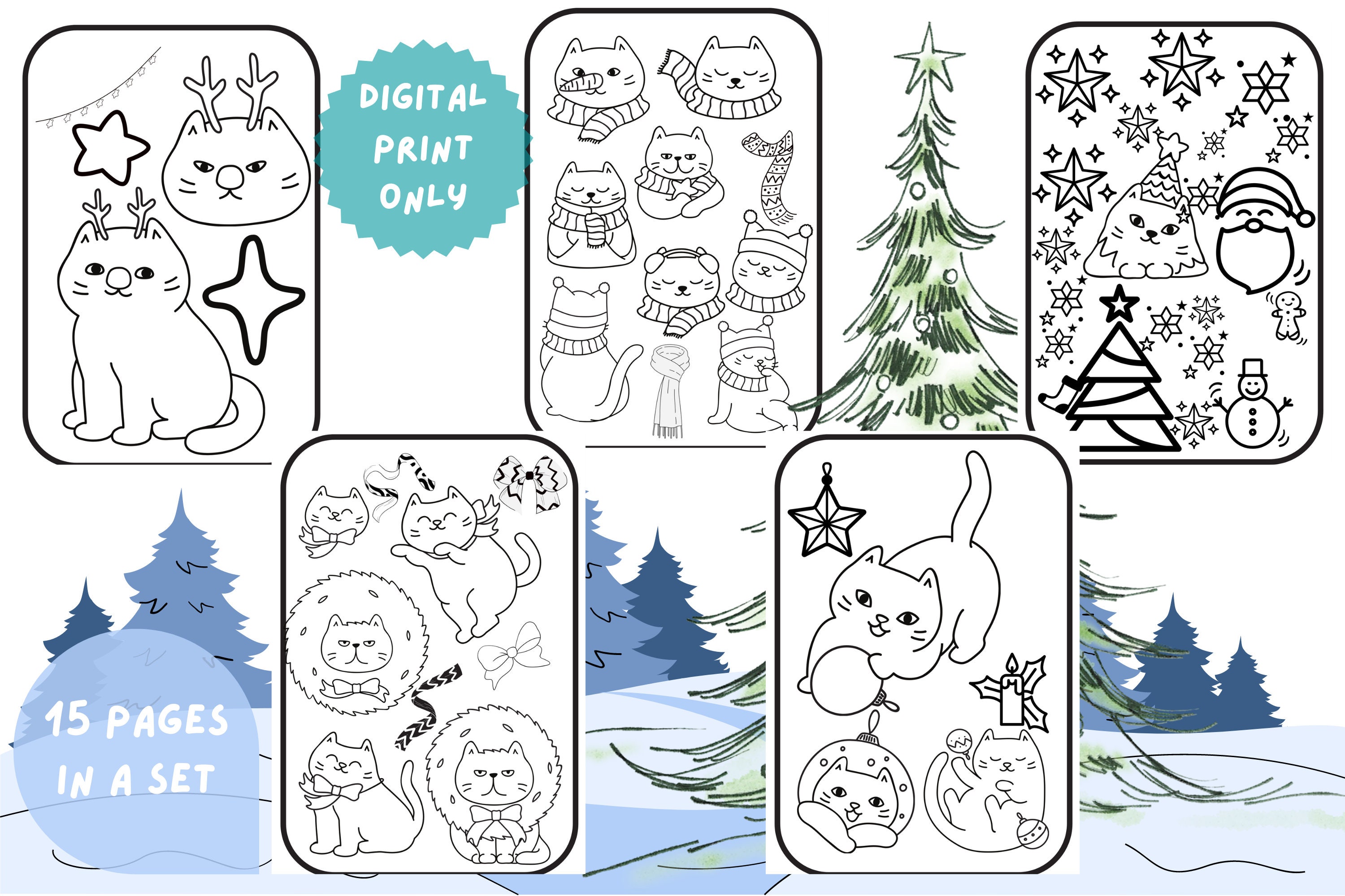 15 Christmas Kitty Coloring Pages / Book Cute Fun Family Time Gift Easy ...