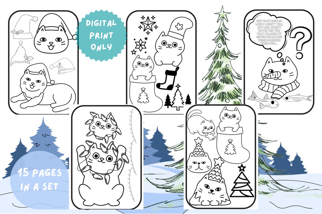15 Christmas Kitty Coloring Pages / Book Cute Fun Family Time Gift Easy ...