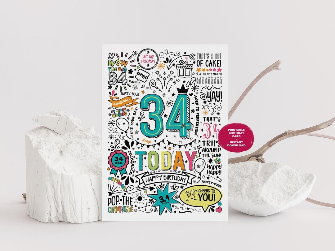 34th Printable Birthday Card | 34 Today Birthday Downloadable Card ...
