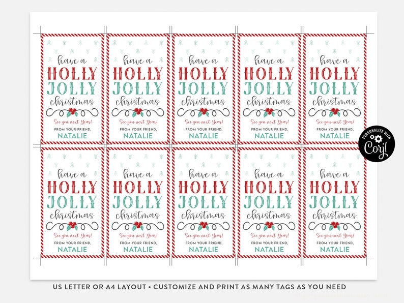 Holly Jolly Christmas Gift Tag | Editable Printable (2x3.5") - Etsy