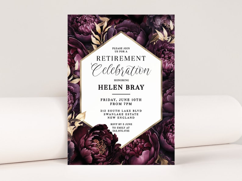 Dark Floral Retirement Invitation Template: Editable Purple Flowers - Etsy