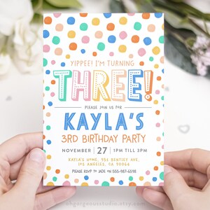 Yippee I'm Three Invitation: Colorful Confetti 3rd Birthday (editable ...