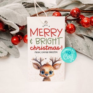 Printable Reindeer Gift Tag, Merry and Bright Reindeer Christmas Tag ...