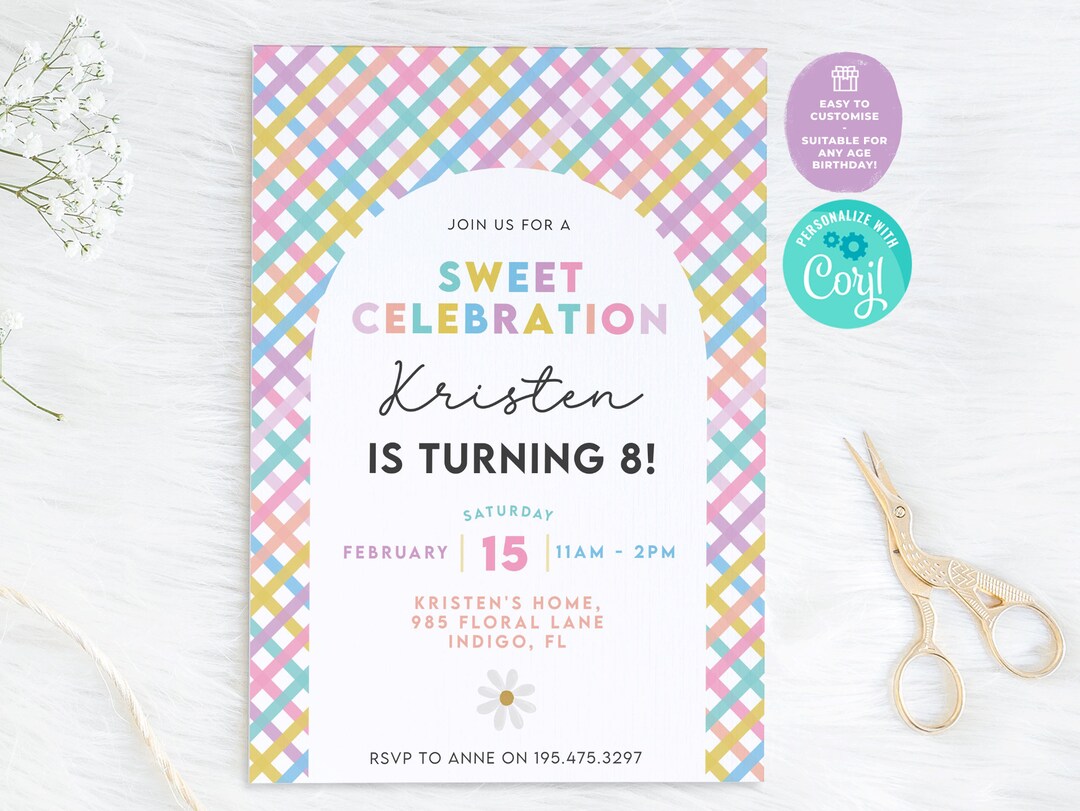 Rainbow Plaid Birthday Invitation Template: Editable Party Invite - Etsy