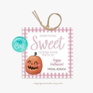 Plaid Halloween Gift Tag | Pink Gingham Holiday Treat Tag, Pumpkin ...