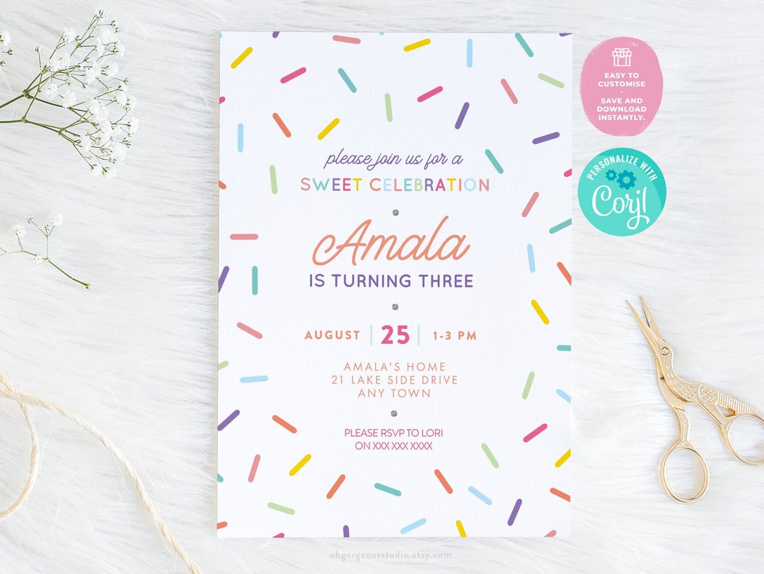 3rd Birthday Sprinkles Invitation | 3 Year Old Birthday, Invitation ...