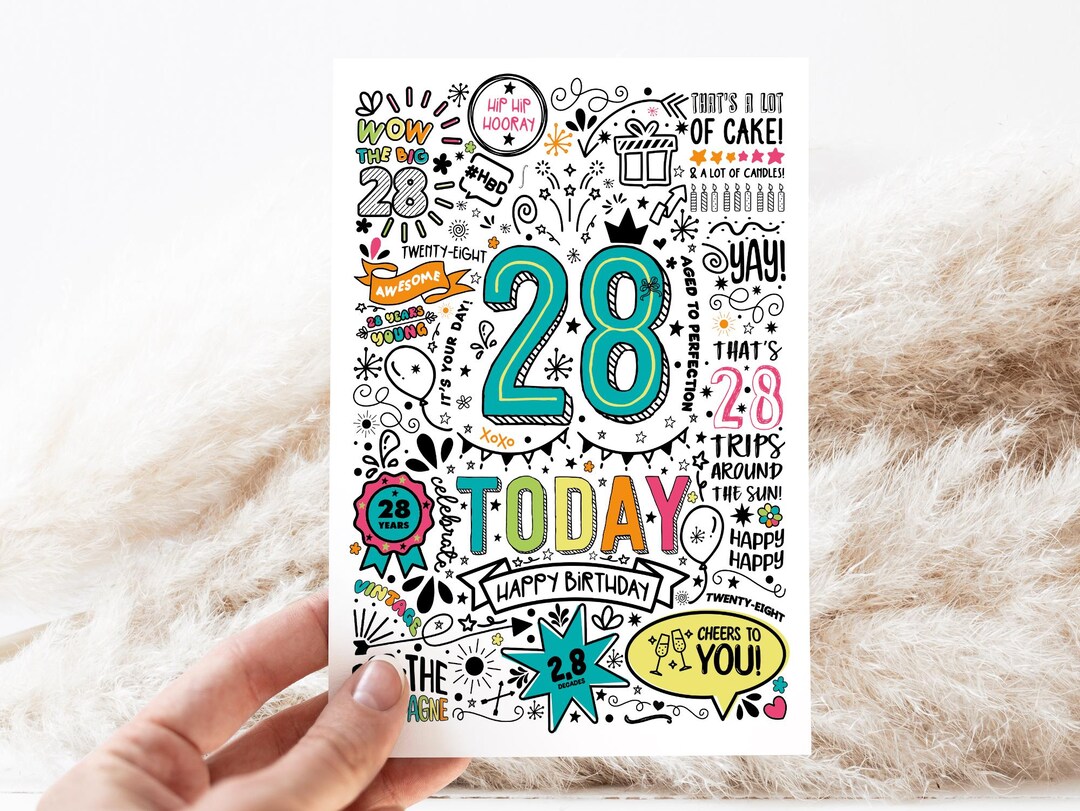 28th Printable Birthday Card | 28 Today Birthday Downloadable Card ...