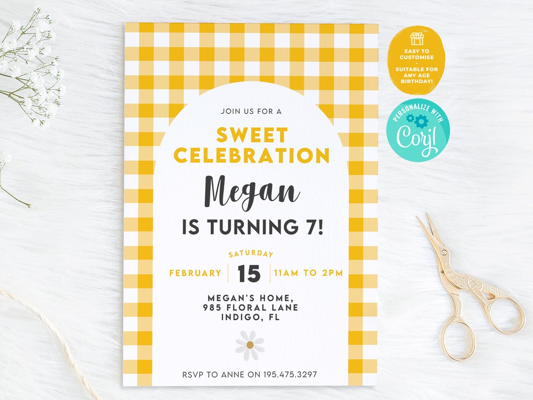 Pretty Birthday Invitation Template | Girls Yellow Plaid Party Invite ...