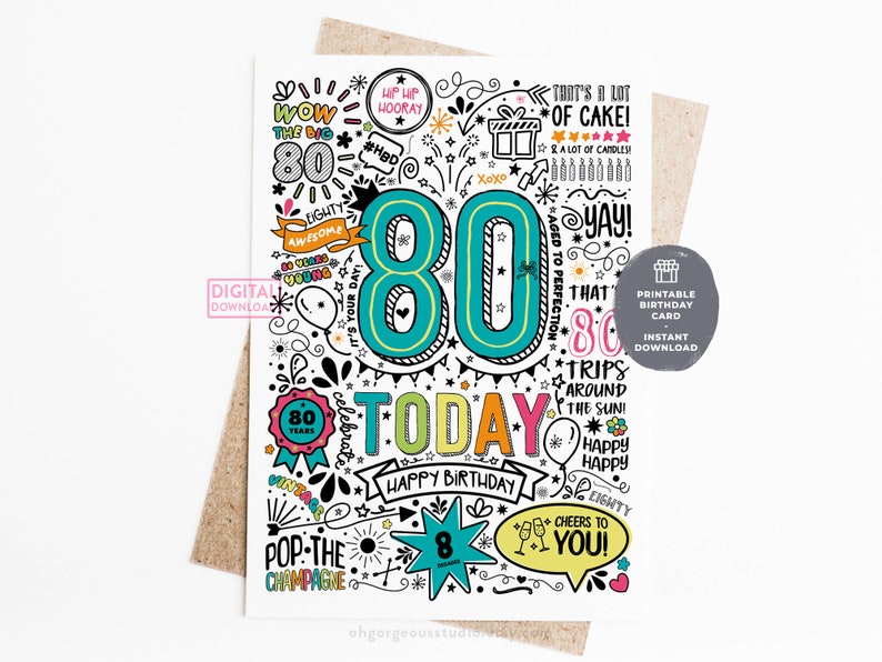 80th Printable Birthday Card 80 Today Birthday Downloadable Card ...