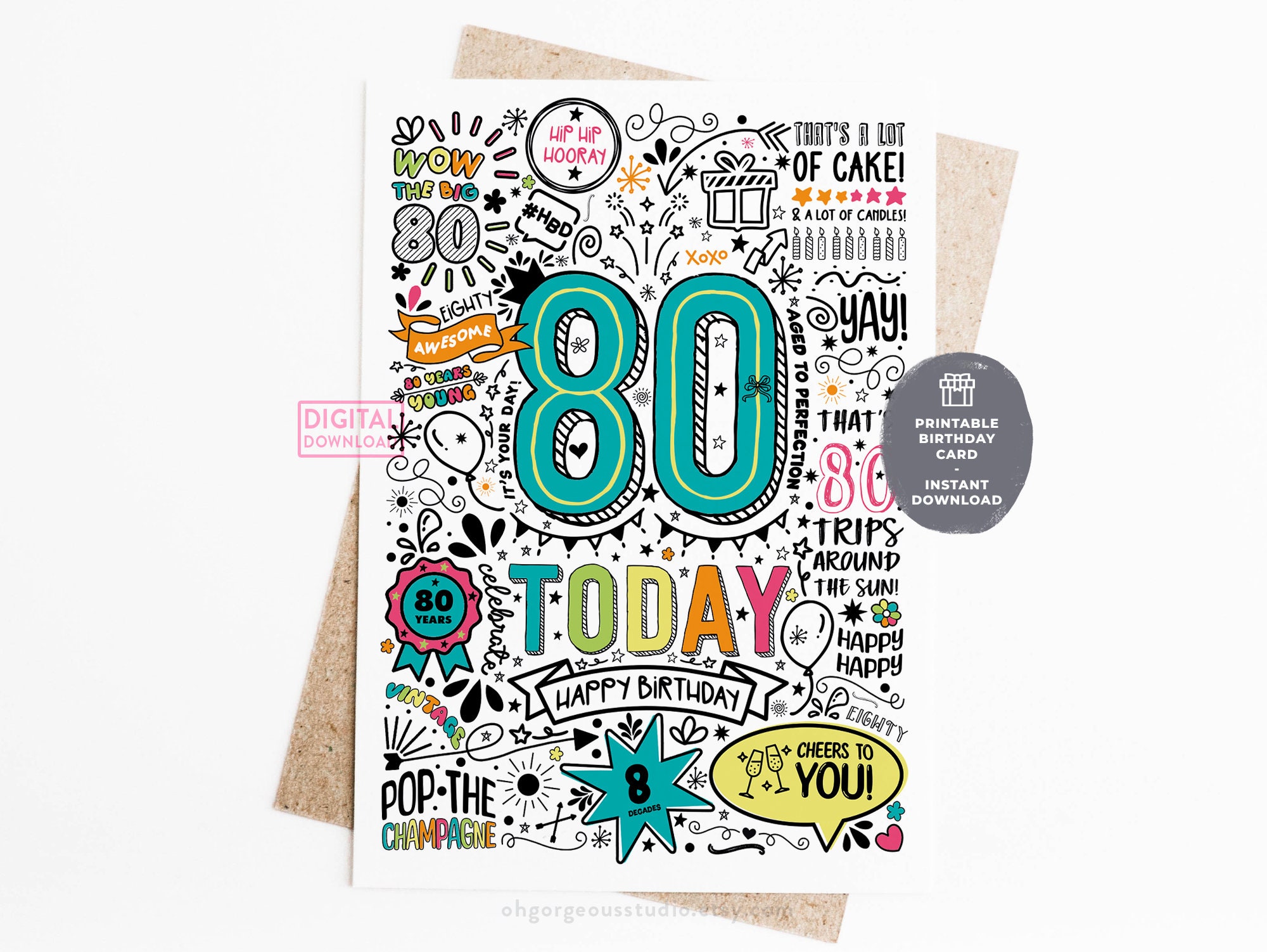 80th Birthday Card: Doodle Style Printable (digital Download) - Etsy