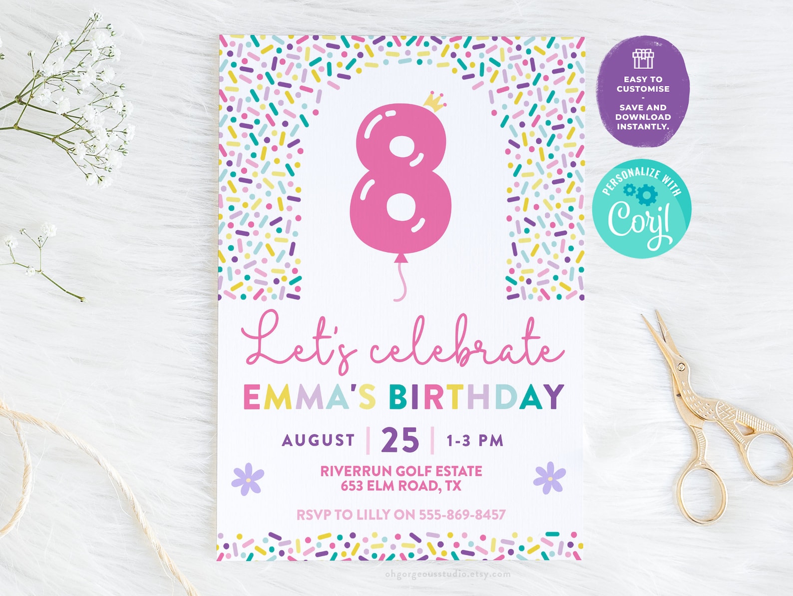 8th Birthday Invitation Editable Party Invite, Confetti Birthday ...
