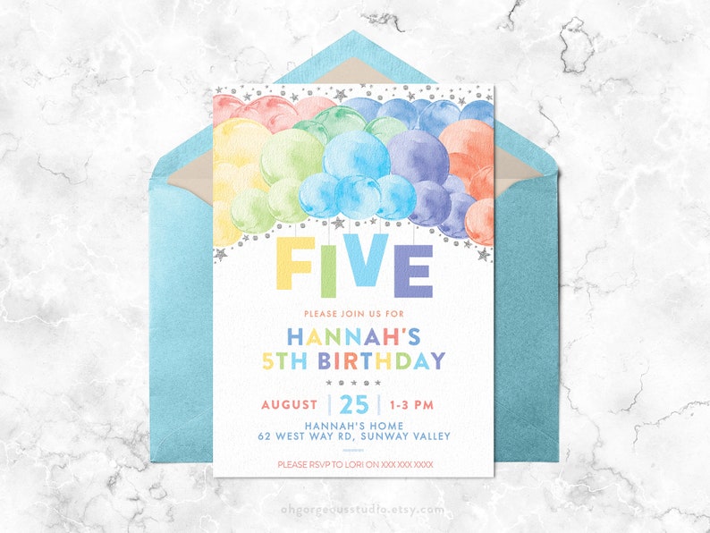 5th Birthday Invitation Rainbow Balloon Party Invite for Boy or Girl ...
