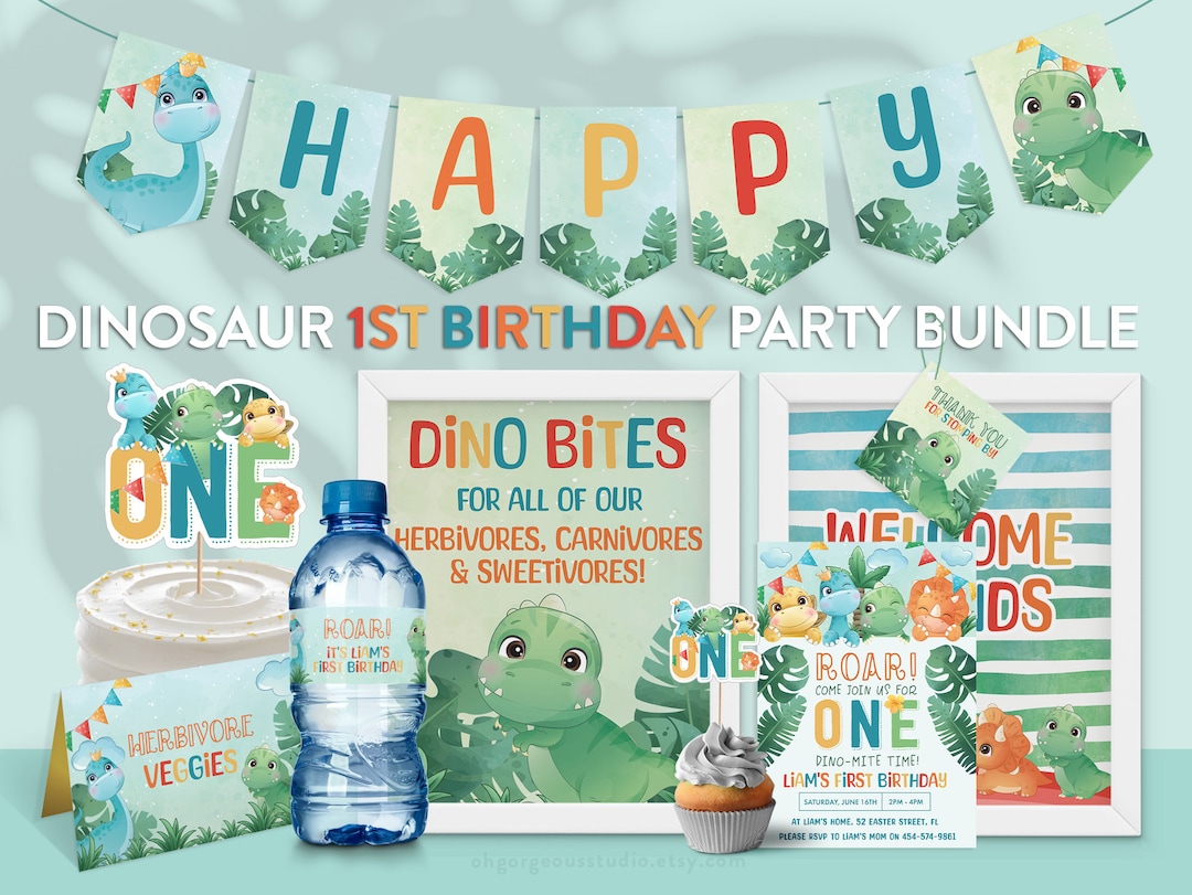 Editable Dinosaur First Birthday Party Bundle | Baby Dinosaur Birthday ...
