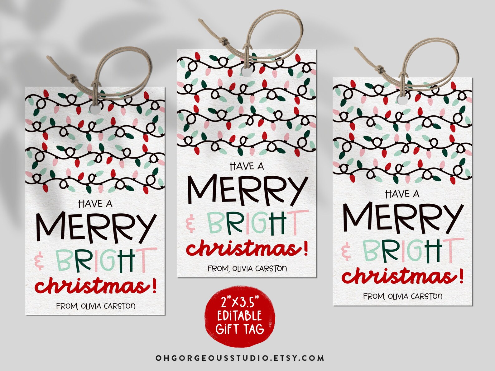 Printable Christmas Lights Gift Tag, Merry and Bright Tag, Cute String ...