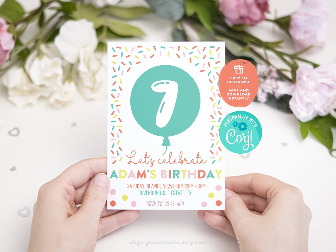 7th Birthday Confetti Invitation: Editable Balloon Party Invite (corjl ...