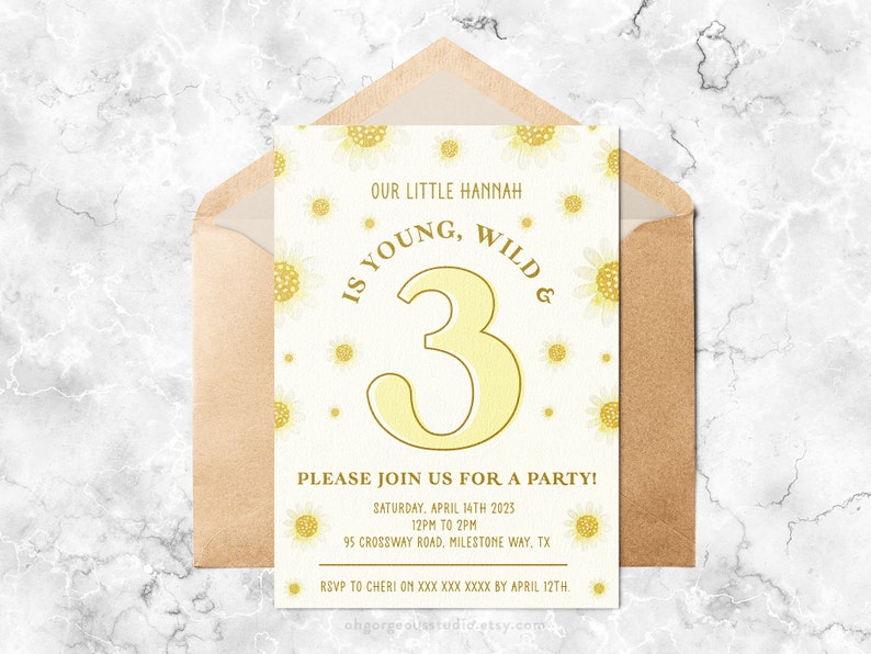 3rd Birthday Invitation Daisy Theme Editable Birthday - Etsy