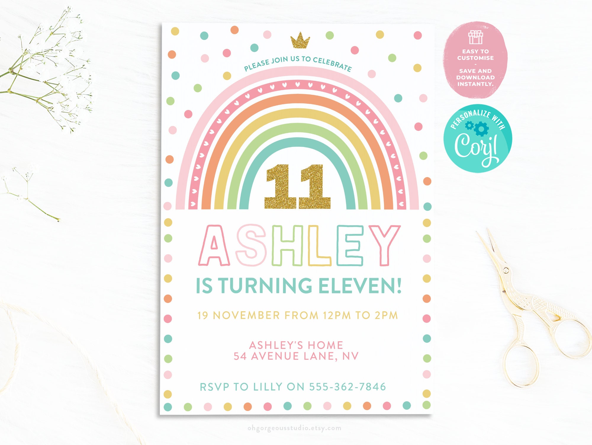 11th Birthday Invitation Fun Rainbow Party Invite for Eleven Year Old ...