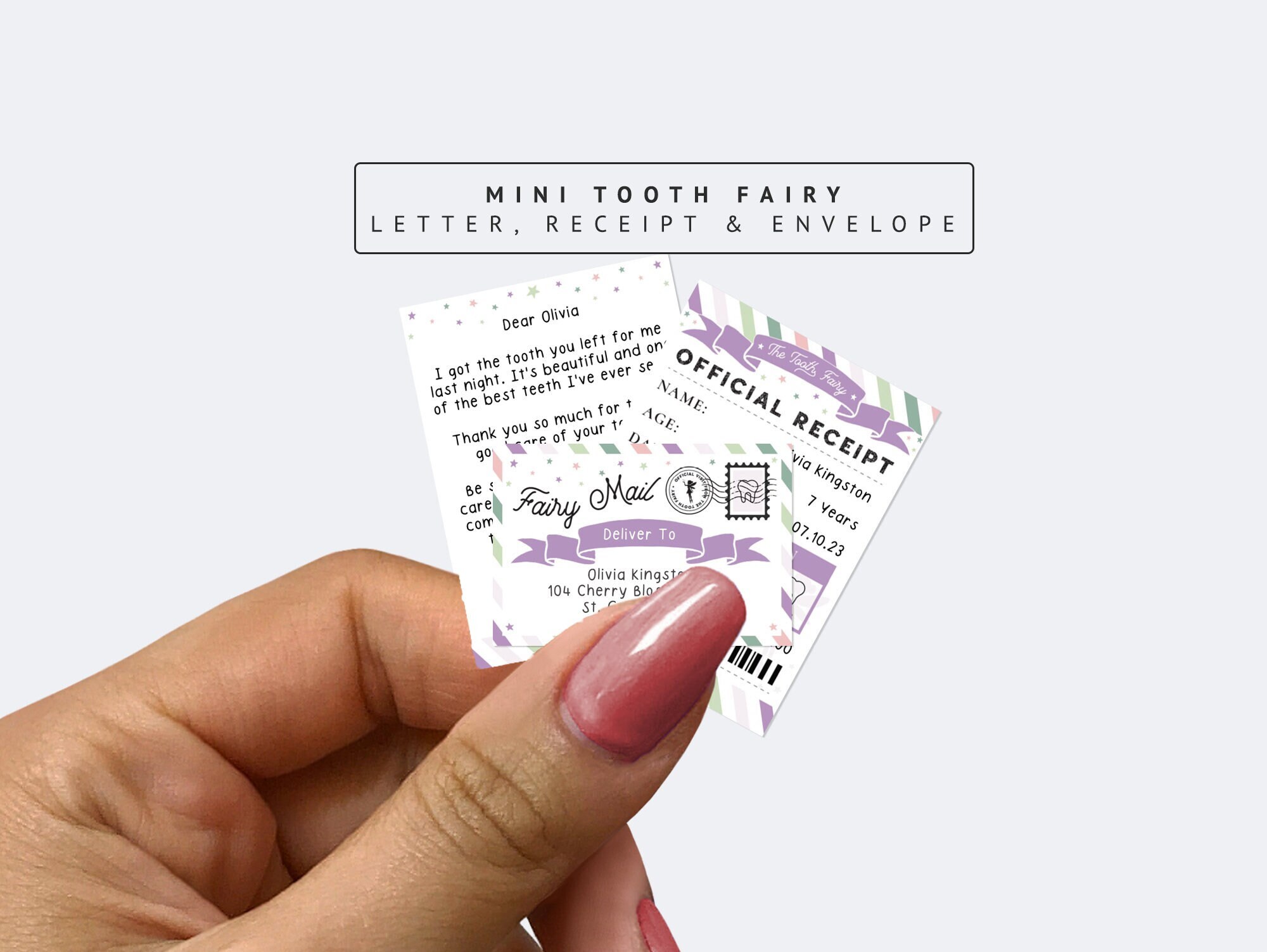 Printable Mini Tooth Fairy Letter Set Purple Fairy Envelope Receipt and ...