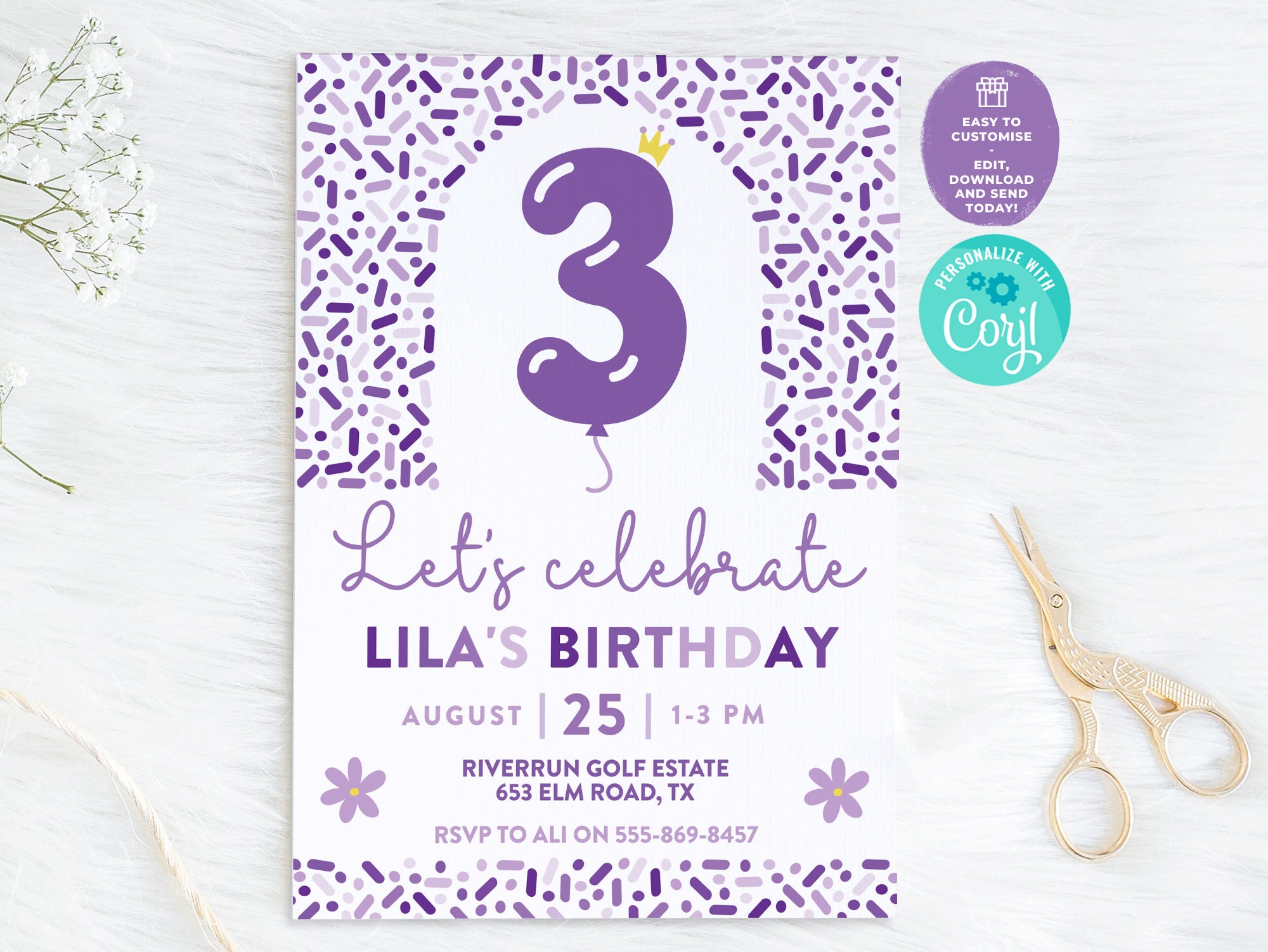 3rd Birthday Confetti Party Invitation Editable Printable Birthday ...