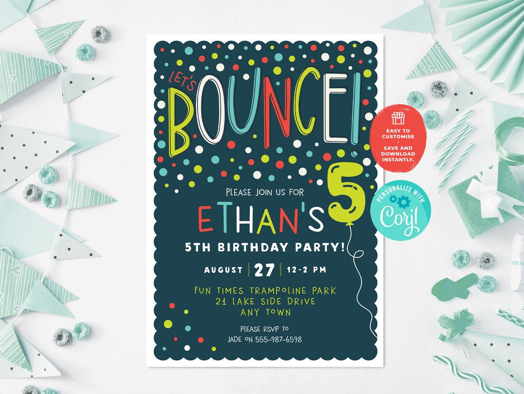 5th Birthday Bounce Invitation | Bounce Birthday Invitation, Trampoline ...