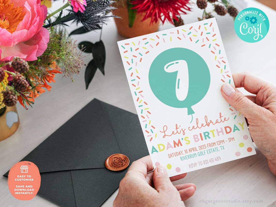 7th Birthday Confetti Invitation: Editable Balloon Party Invite (corjl ...