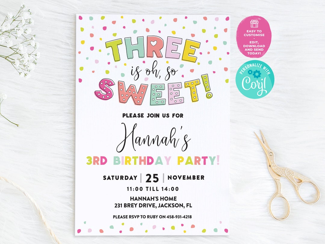 Three is Oh so Sweet 3rd Birthday Party Invitation | Editable Birthday ...