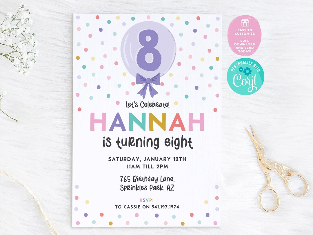 8th Birthday Party Invitation for Girls, Pretty Balloon Invite With ...