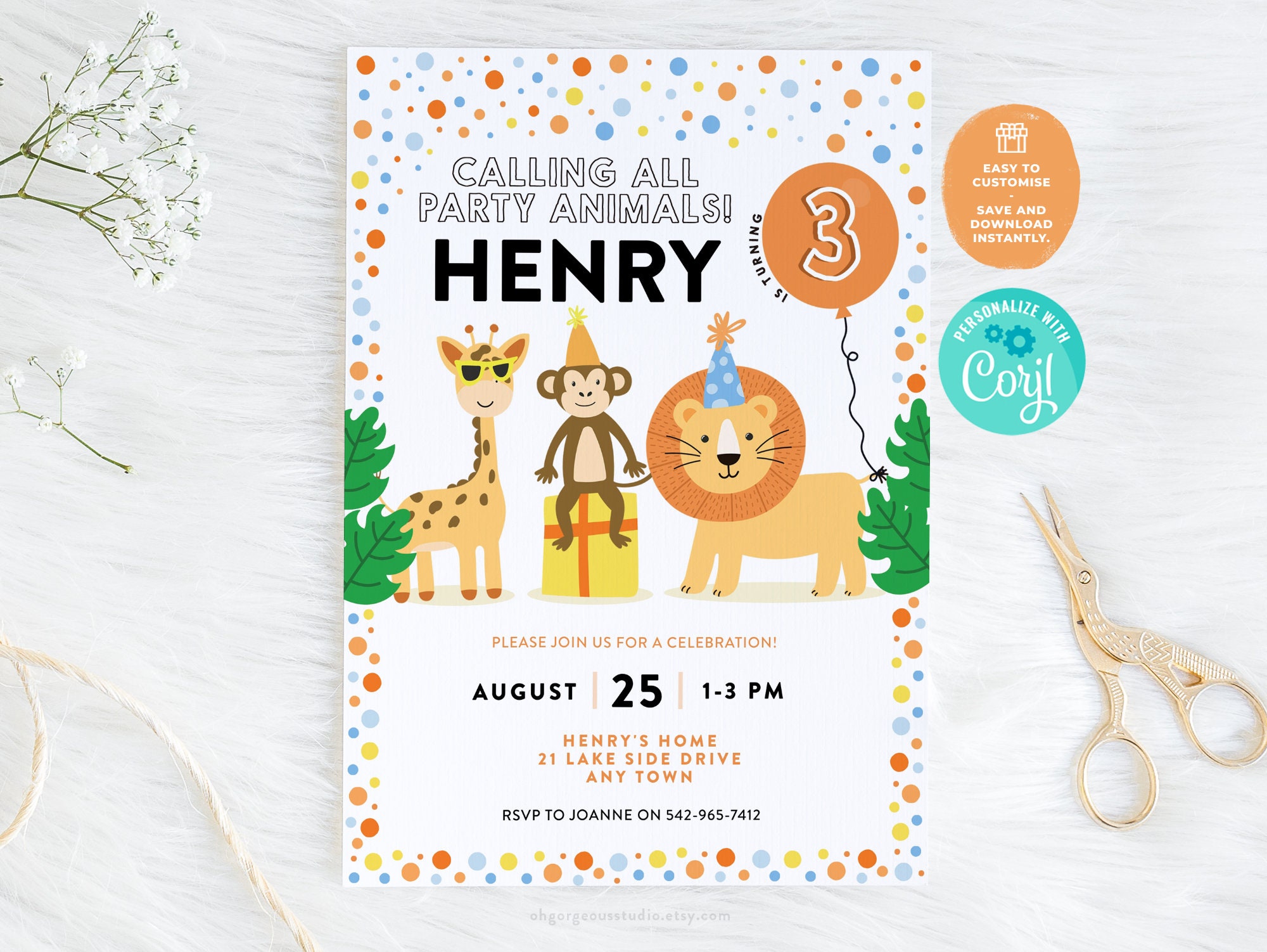 3rd Birthday Party Animals Invitation Birthday Invitation - Etsy
