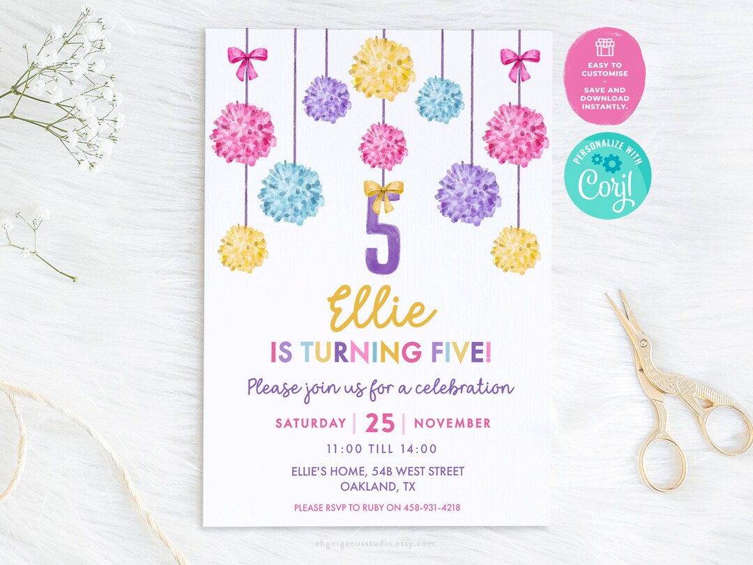 5th Birthday Invitation | Cute Colourful Party Invite for Girls ...