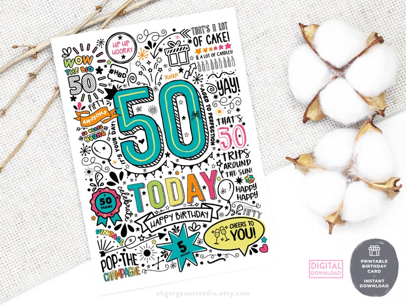 50th Birthday Card: Fun Doodle Style (digital Download) - Etsy