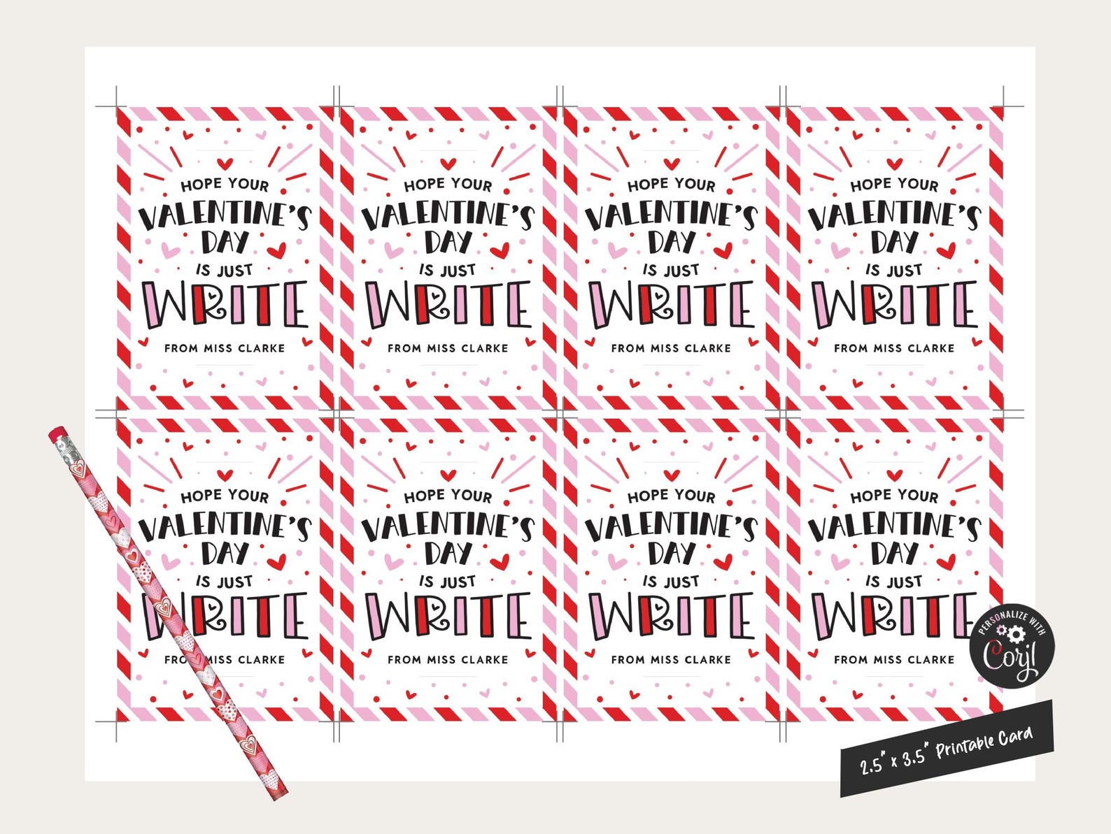 Valentine Pencil Tag: Just Write Class Gift (editable Template) - Etsy