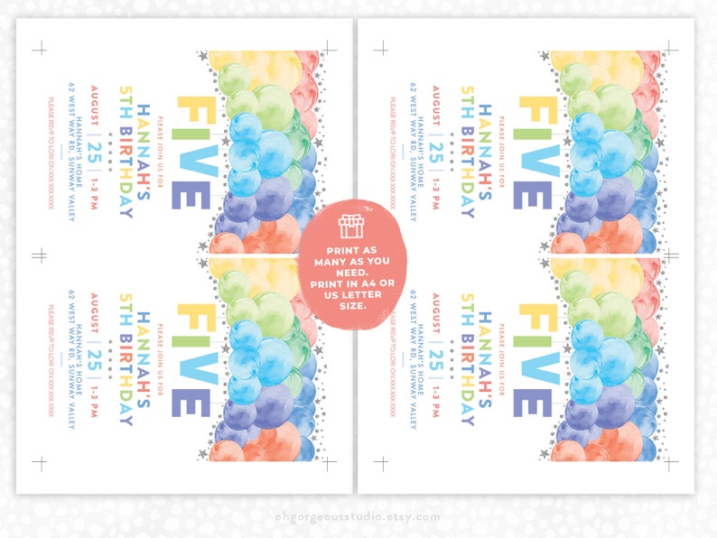 5th Birthday Invitation Rainbow Balloon Party Invite for Boy or Girl ...