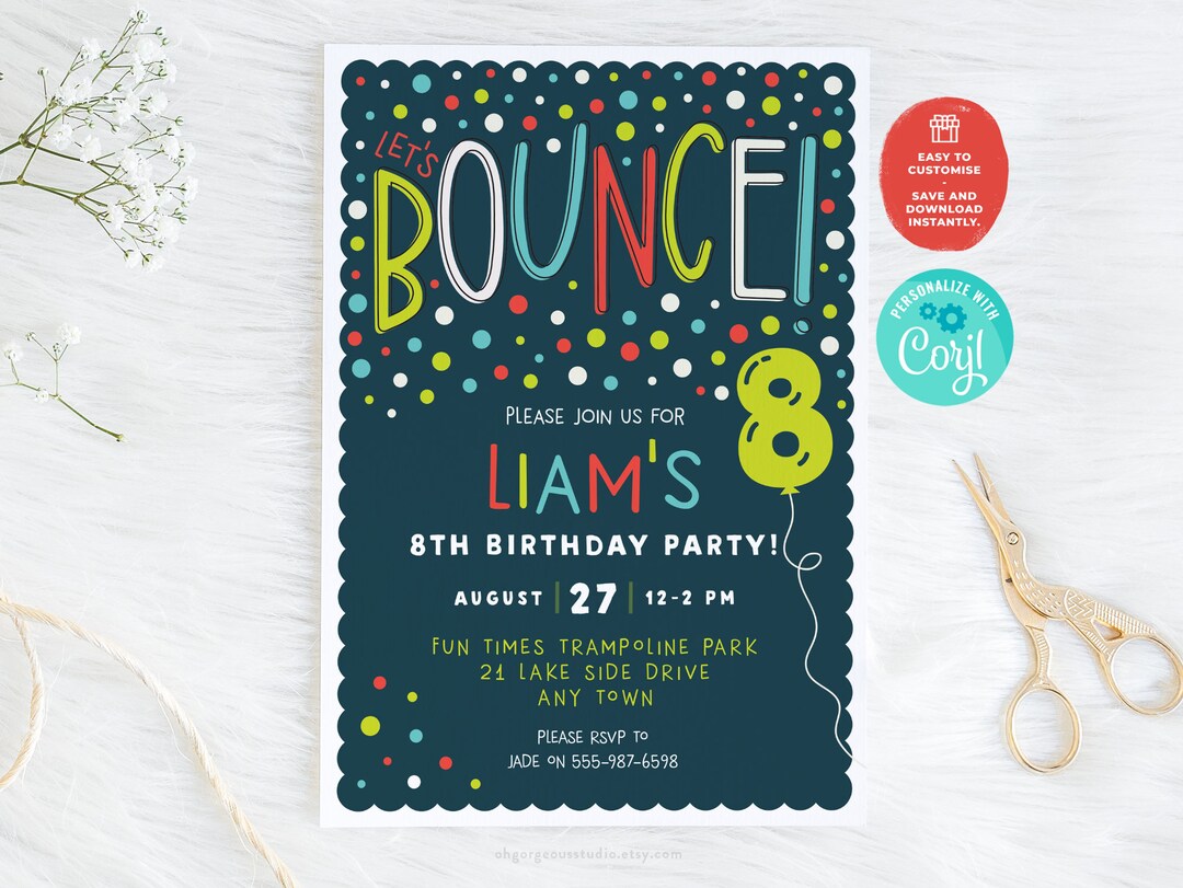 8th Birthday Bounce Invitation | Bounce Birthday Invitation, Trampoline ...