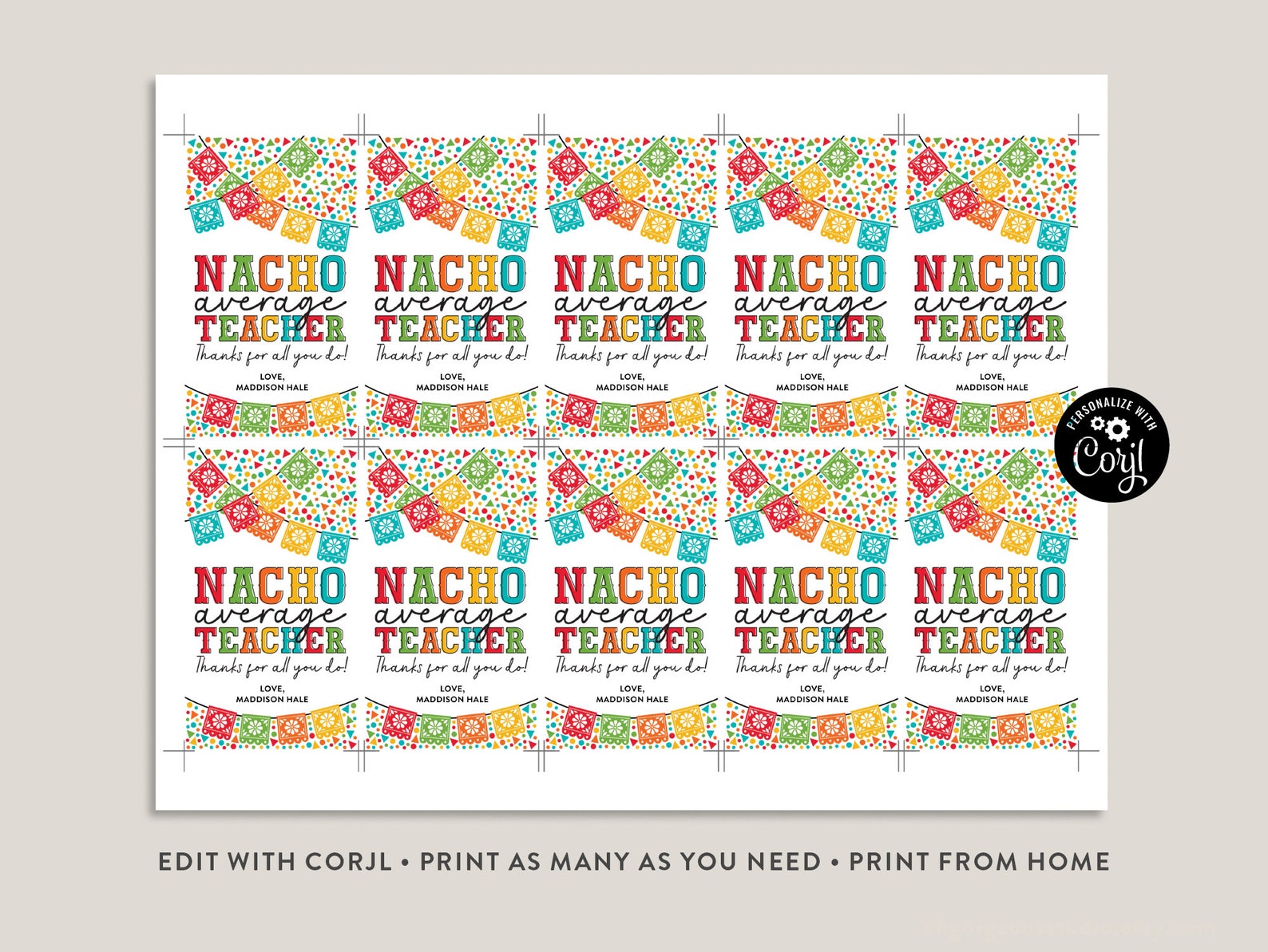 Nacho Average Teacher Gift Tag | Mexican Theme, Editable Thank You ...