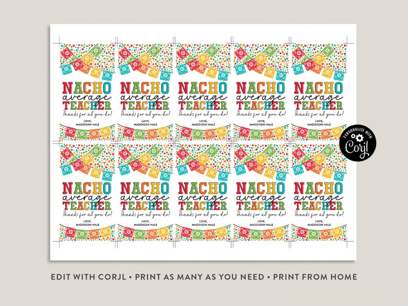 Nacho Average Teacher Gift Tag | Mexican Theme, Editable Thank You ...