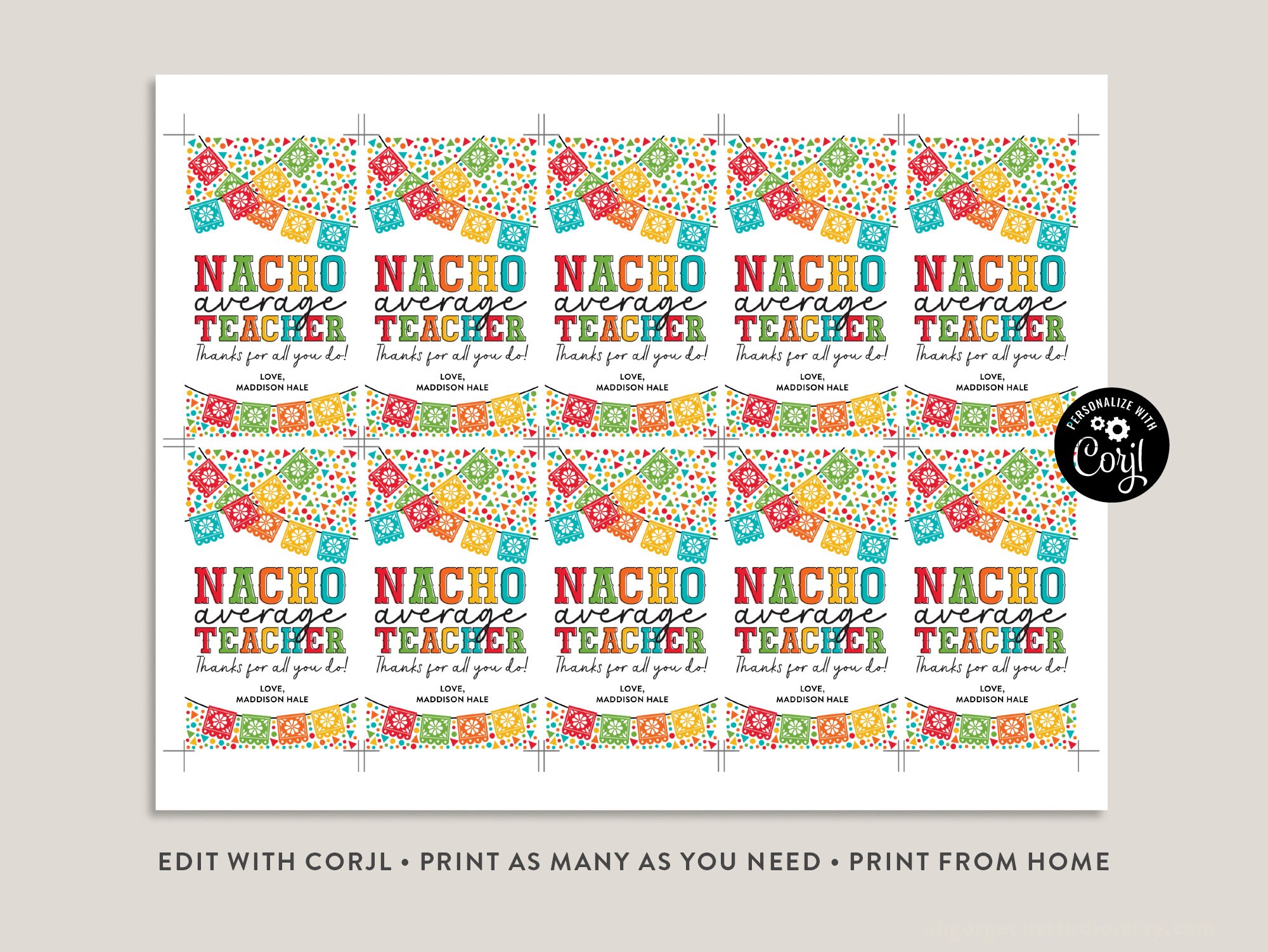 Nacho Average Teacher Gift Tag | Mexican Theme, Editable Thank You ...