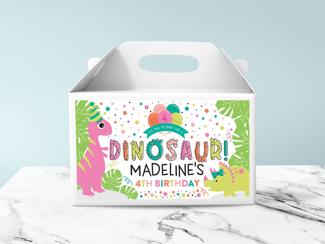Pink Dinosaur Party Box Label: Editable Dino Favor Printable (digital ...