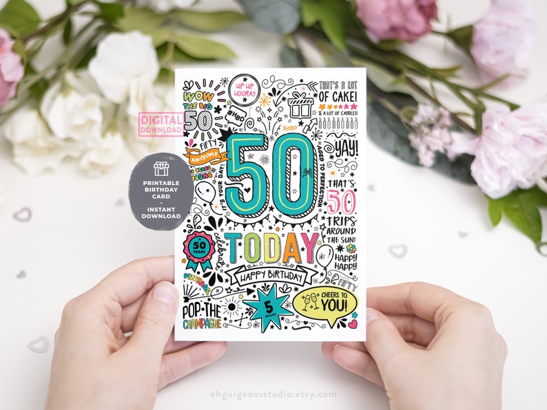 50th Birthday Card: Fun Doodle Style (digital Download) - Etsy