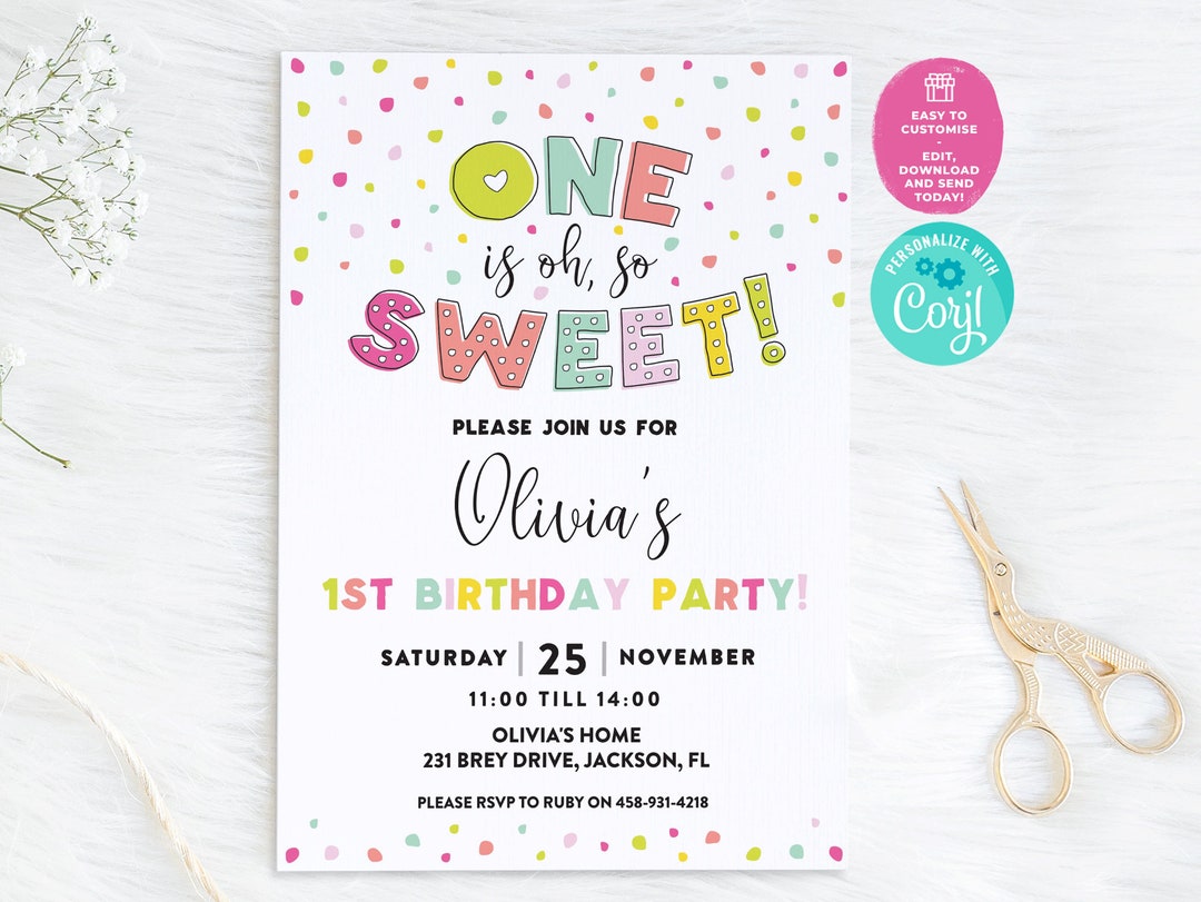 One is Oh so Sweet 1st Birthday Party Invitation | Editable Birthday ...